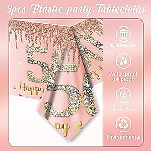 BAIFURRY 3 Piece 50th Pink Rose Gold Happy Birthday Theme Decorations for Womens, Fifty Year Old Happy Birthday Tablecloth Party Supplies, Plastic Disposable Rectangular Tablecloth Decorations