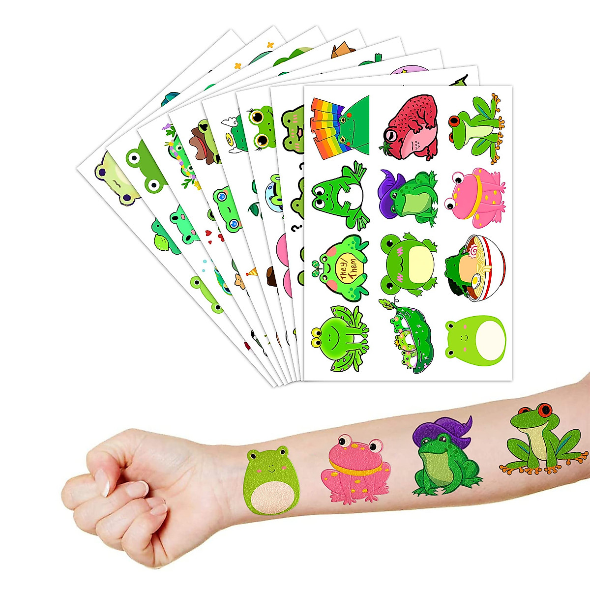 Frog Temporary Tattoos Birthday Themed Party Supplies Decorations Favors Cute Stickers Tattoo 8 Sheets 96 PCS Gifts for Kids Girls Boys Decor Class School Reward Carnival Christmas