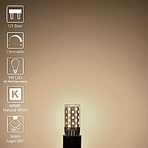 KLG G9 LED Light Bulb Dimmable 5W Natural White 4000K, 40W 60W Halogen Equivalent, G9 Bi Pin Base Base Bulbs, 500lm, AC 120V for Home Lighting, Pack of 5
