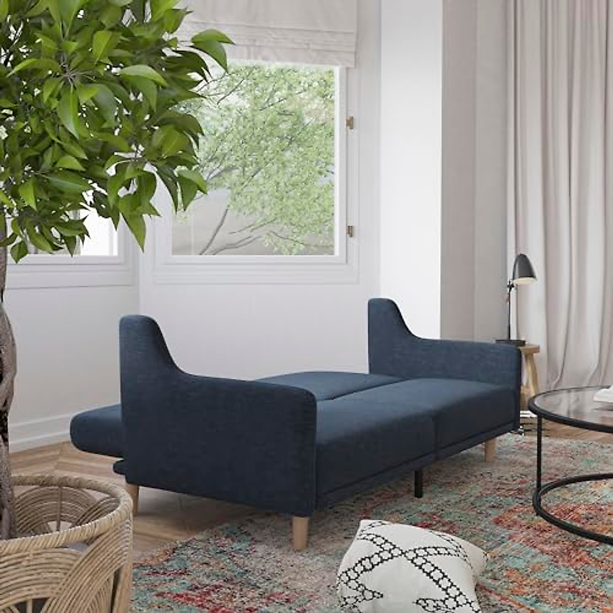 Flash Furniture Delphine Convertible Split Back Sofa Futon - Navy Faux Linen Upholstery - Solid Wood Legs - Curved Armrests - Sleeper Couch for Small Spaces