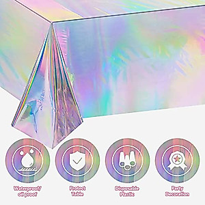 4 Pack Iridescence Plastic Tablecloths Disposable Laser Tablecloth Holographic Foil Rectangle Table Covers Birthday Disco Bachelorette Bridal Wedding Rainbow Iridescent Party Decorations 54" x 108"