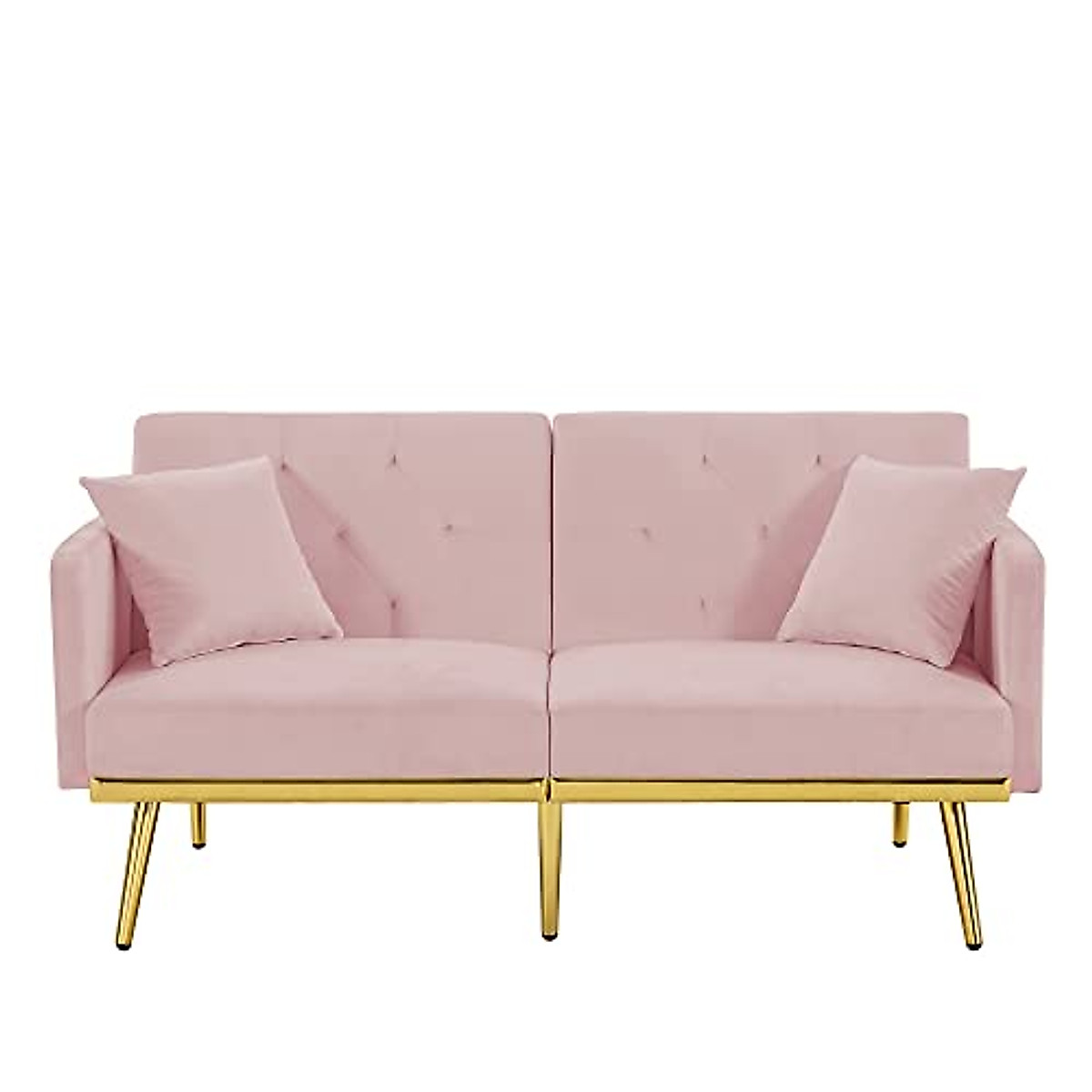 60" Convertible Velvet Futon Sofa Bed, Sleeper Sofa Couch with 2 Pillows and Adjustable Backrest, Modern Loveseat with Side Storage Pockets for Living Room, Bedroom (Pink)