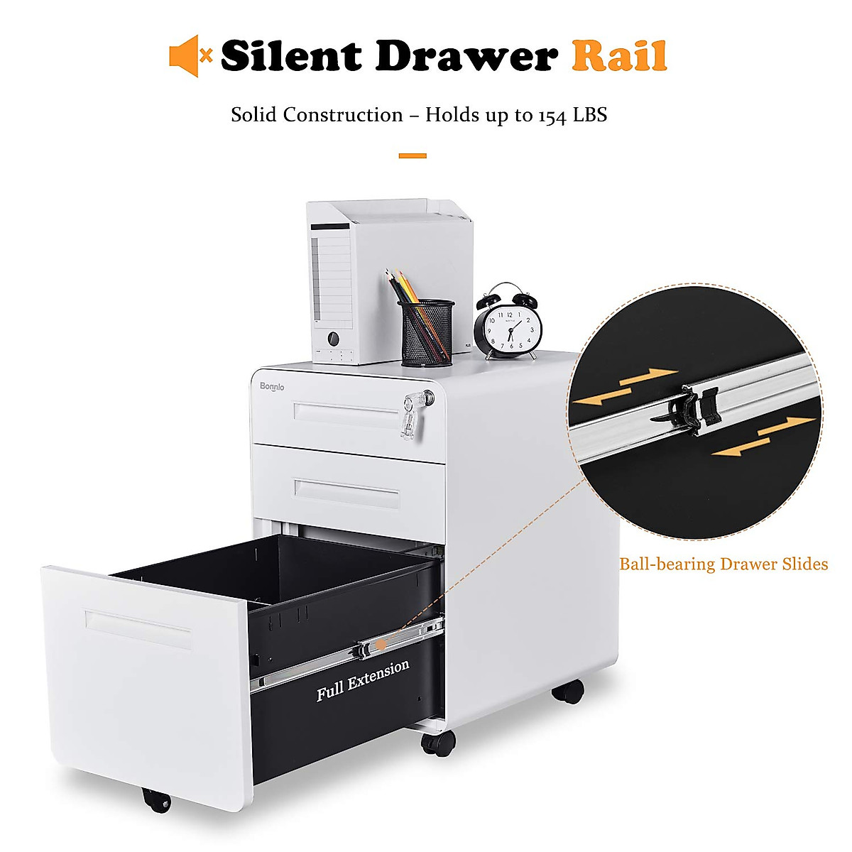 Bonnlo 23.8" H 3 Drawer Rolling File Cabinet with Lock, Mobile File Cabinet Under Desk with Pencil Tray, White Locking File Cabinet for Home Office, Metal Filing Cabinet Printer Stand Fully Assembled