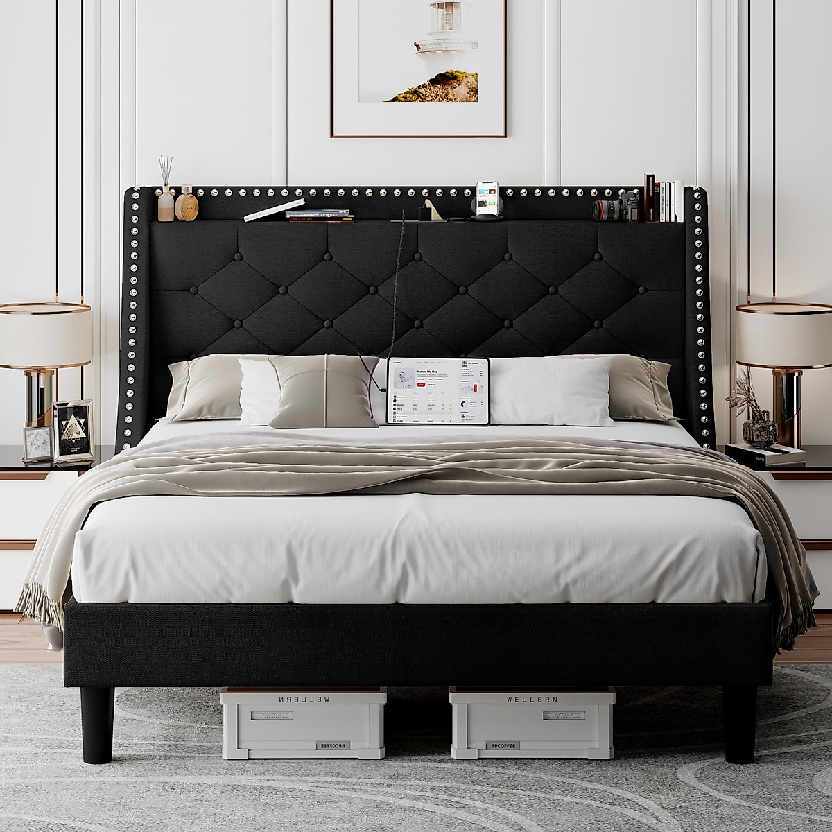 Feonase Queen Platform Bed Frame with Type-C & USB Charging Station, Upholstered Wingback & Storage Headboard, Solid Wood Slats, No Box Spring Needed, Easy Assemble, Black