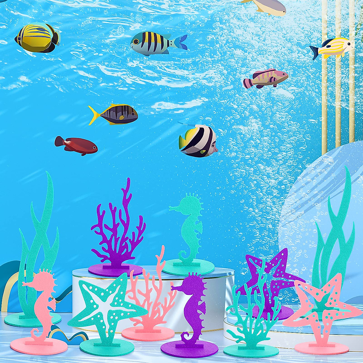 Prasacco 22 Pcs Mermaid Birthday Decorations, Felt Table Centerpiece DIY Under The Sea Party Decoration Seahorse Starfish Seaweed Coral Decoration for Ocean Theme Mermaid Birthday Party Baby Shower