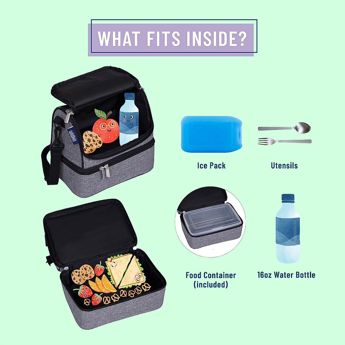 Wildkin Two Compartment Insulated Lunch Bag for Kids – School & Travel Ready - Gray Tweed