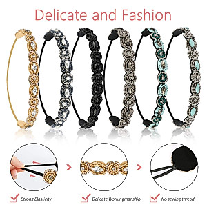 6 Pack Elastic Rhinestone Headbands for Women, Vintage Beads Rhinestone Hair Headband, Handmade Fashionable Diamond Elastic Headbands for Lady Brides Women Girls