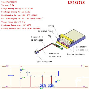 Liter energybattery 3.7V Lipo Battery 400mAh Rechargeable Lithium ion Polymer Battery 582728 Lithium Polymer ion Battery with JST Connector