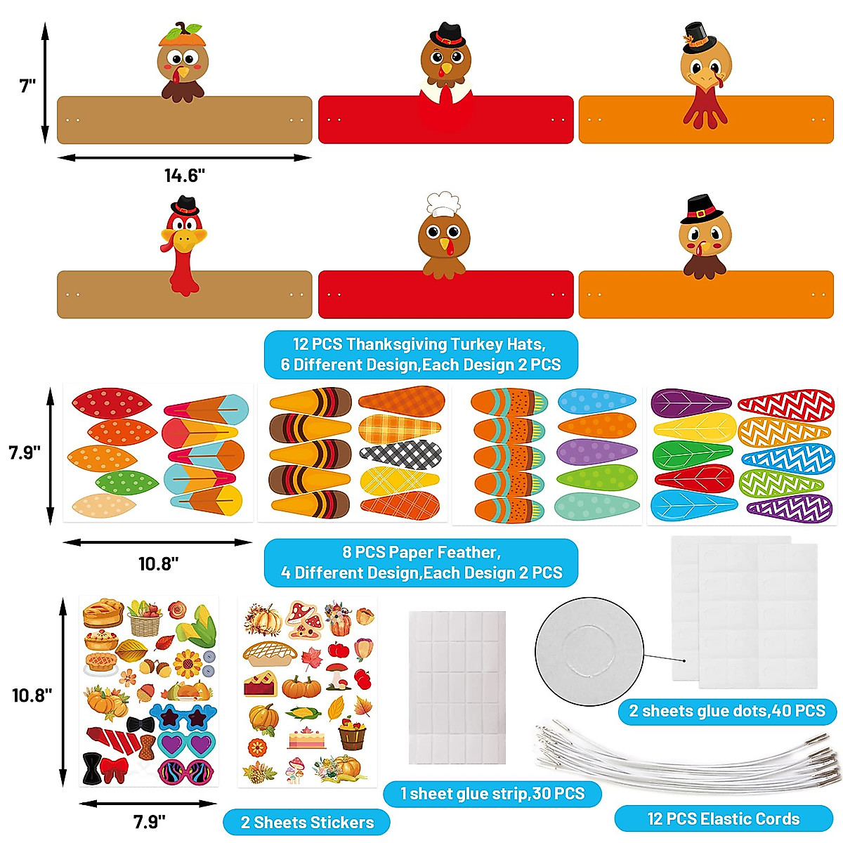 DIY Thanksgiving Turkey Craft Kits 12 PCS Fall Headbands Crowns Hats Party Decoration Supplies for Kids School Holiday Activity