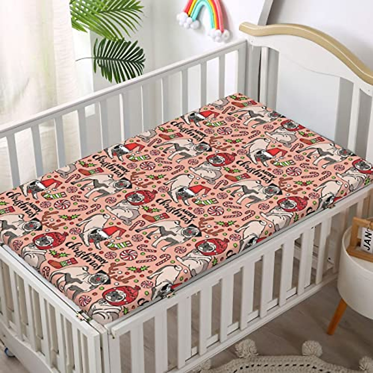 Pug Themed Fitted Mini Crib Sheets,Portable Mini Crib Sheets Soft Toddler Mattress Sheet Fitted-Baby Crib Sheets for Girl or Boy,24“ x38“,Green Rose Red