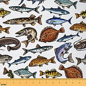 Fish Upholstery Fabric, Ocean Animal Fabric by The Yard, Wild Sea Fish Decorative Fabric, Coloured Fishing Indoor Outdoor Fabric, DIY Art Waterproof Fabric for Quilting Sewing, Brown Blue, 1 Yard