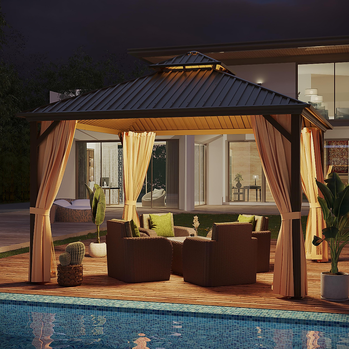 GAZEBEST 12x12 ft Hardtop Gazebo Outdoor Aluminum Patio Gazebo Double Roof Galvanized Steel Canopy with Netting and Curtains for Garden, Backyard,Deck and Lawns