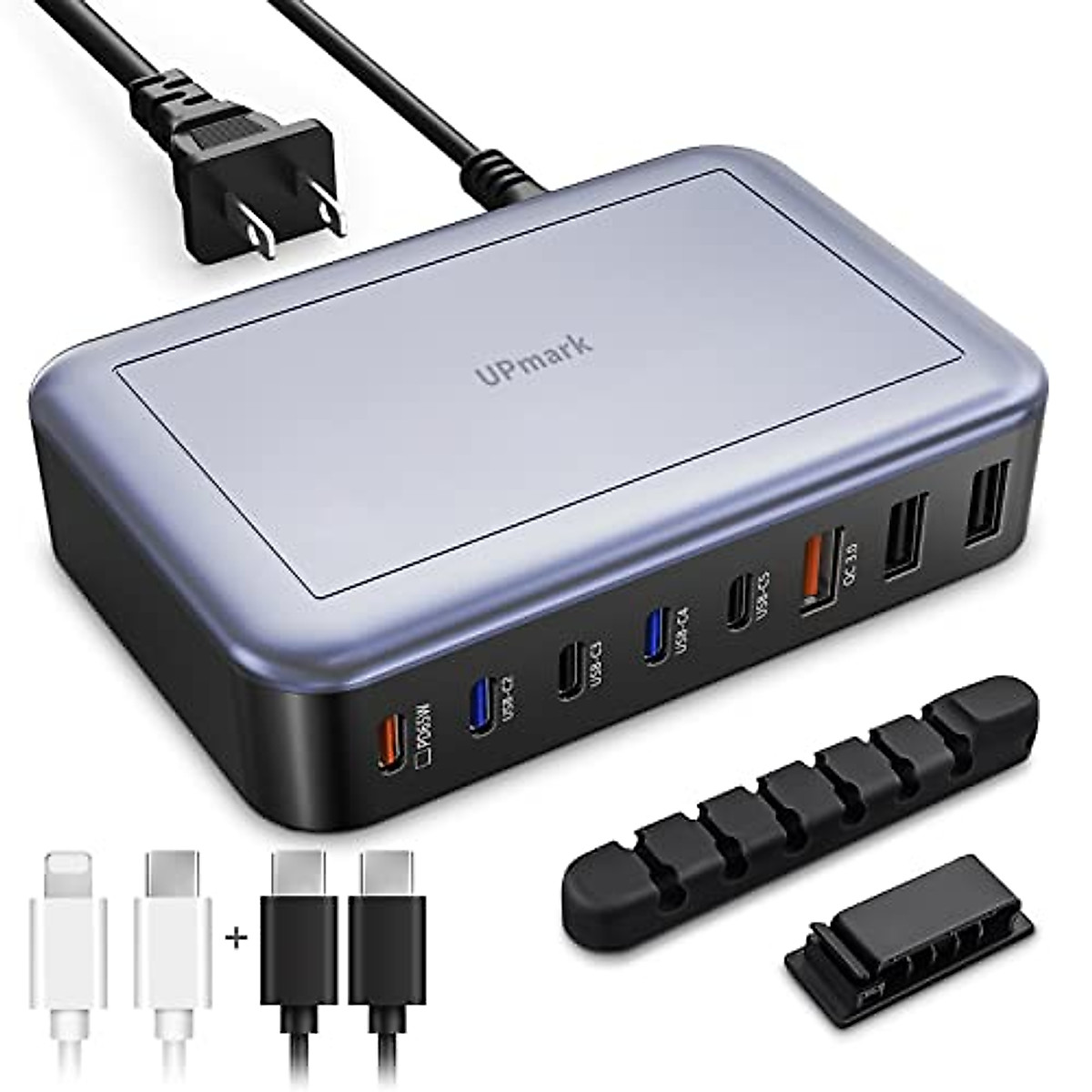 USB C Laptop Charger,UPmark 185W GaN II 8 Port Desktop Fast Charging(USB-C 5 Port PD/PPS/QC and USB 3Port) with 2 Pack USB C Cable,Compatible with MacBook Pro/Air,iPhone 14/13/Pro/Max/Galaxy Note20