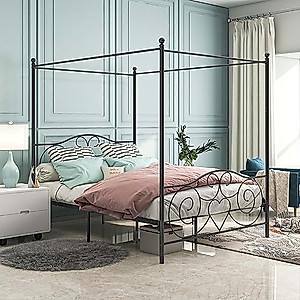 MTSVMP Queen Size Metal Canopy Platform Bed Frame with Vintage Headboard & Footboard, Four-Poster Canopied Bed Sturdy Steel Support, Under Bed Storage, No Box Spring Needed for Boys Girls Adults