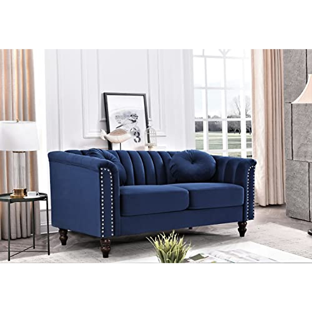 Container Furniture Direct Tufted Velvet Sofa with Removable Cushions and Turned Wood Legs, Elegant Living Room Furniture for The Modern Home, 61.4 Inch Loveseat, Dark Blue
