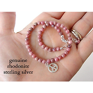 Peace charm anklet, dusty pink rhodonite stones sterling silver, adjustable length 9-10 inches, handmade by Let Loose Jewelry