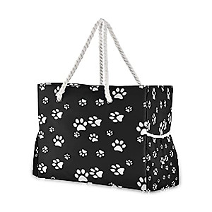 ALAZA Paw Print Footprint Black Tote Bag Beach Large Bag Rope Handles for Shopping Groceries Travel Outdoors