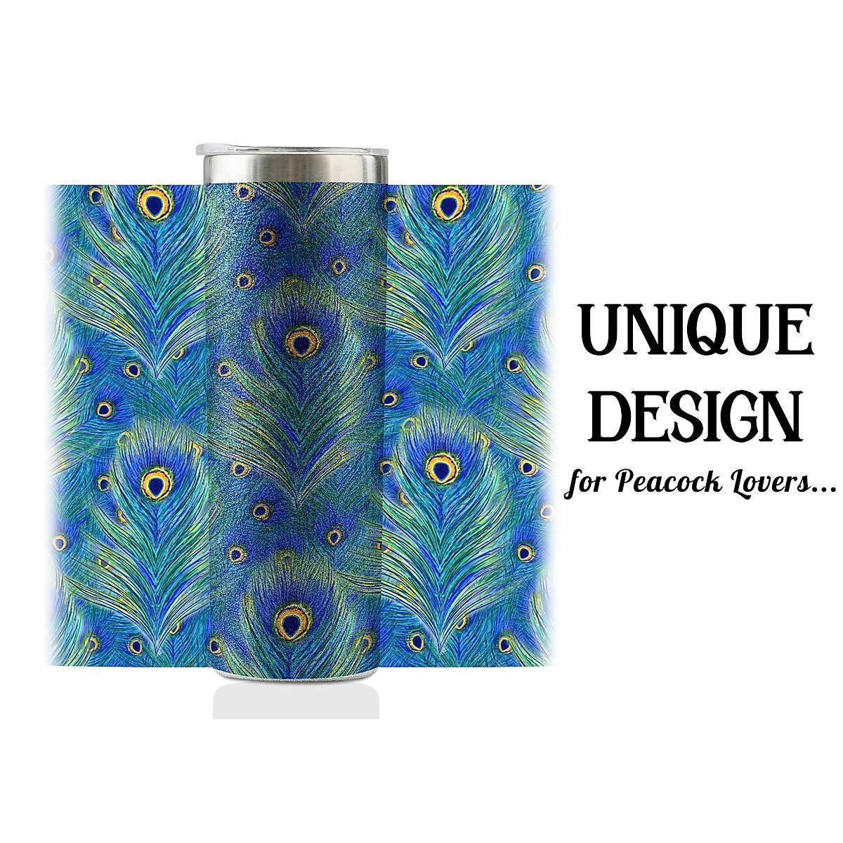 Onebttl Peacock Skinny Glitter Tumbler Gifts For Women, Female and Her - Peacock Feather - 20oz/590ml Stainless Steel Insulated Tumbler with Straw, Lid - Gift for Peacock Lovers