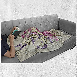 Lunarable Lavender Throw Blanket, Postal Stamps and Postmarks Grungy Backdrop Romantic Bridal Corsage, Flannel Fleece Accent Piece Soft Couch Cover for Adults, 50" x 70", Pale Pink Lavender Tan