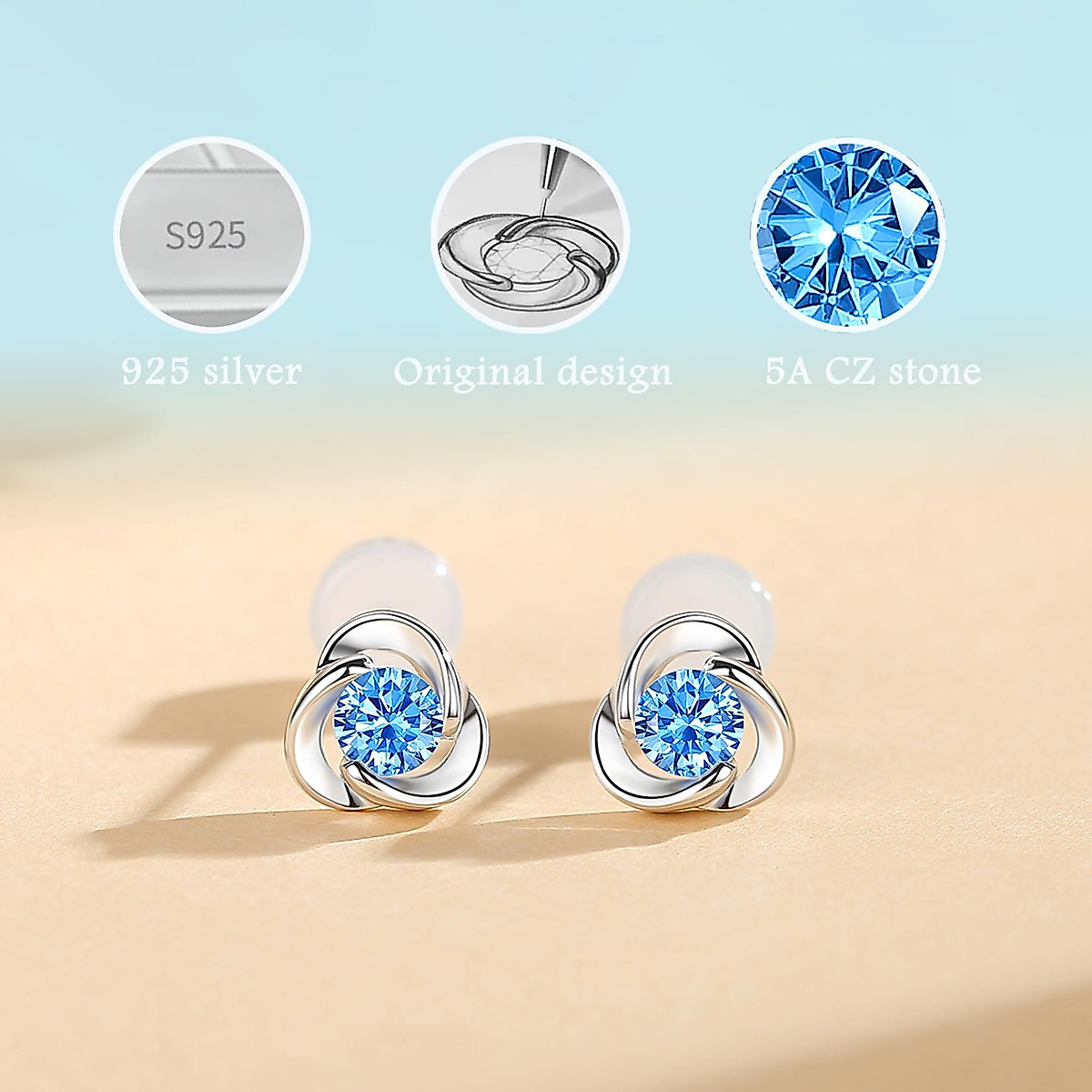 Earrings for Women,Clover Stud 925 Hypoallergenic Sterling Silver for Sensitive Ears, Blue Cubic Zirconia,Ideal Gifts for Women,Mom,Wife,Female