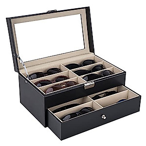 AUTOARK Leather 12 Piece Eyeglasses Storage and Sunglass Glasses Display Drawer Lockable Case Organizer,Black,AW-023