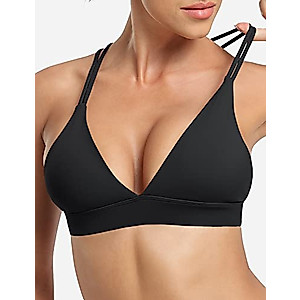 YEOREO Bella Sports Bra for Women V-Neck Strappy Criss-Cross Back Yoga Bra Padded Fitness Crop Top Black L