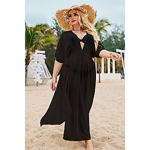 IN'VOLAND Womens Plus Size Swimsuit Cover Up Deep V Neck Bathing Suit Swimwear Bikini Coverup Long Split Kaftan Kimono Dress, 18 Plus, Stylish Black