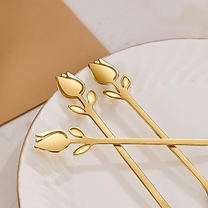 SGVRPVZ Gold Tulip/Rose Handle Tea Spoons 6-Pcs Set - 6" Stainless Steel for Mini Coffee Spoons, Espresso, Dessert - Ideal for Demitasse & Small Servings
