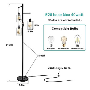Airposta Industrial Floor Lamp with On/Off Dimmable Switch, 3-Head Rustic Tree Standing Lamp, Edison Bulb 40W Retro Tall Glass Floor Light for Living Room, Reading, Office, Bedroom, Black