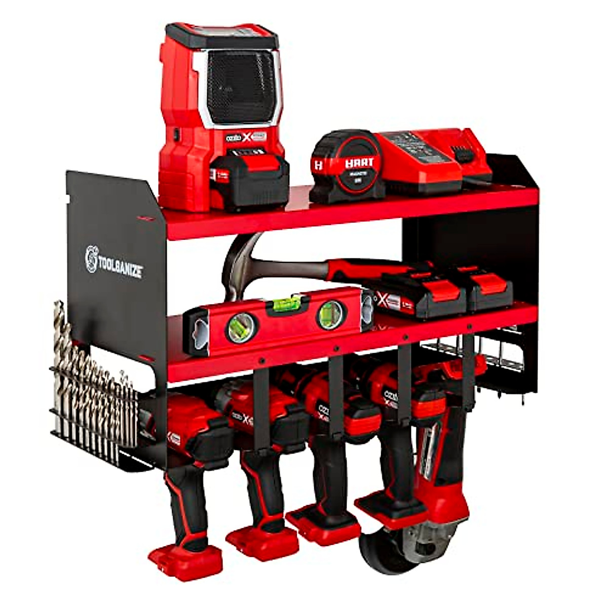 Toolganize Power Tool Organizer & Storage Wall Mount - Heavy Duty Metal Drill Holder & Cordless Tool Organizers Chest Rack - Premium Garage Utility Shelf & Pegboard Shed Workshop Shelving - Red