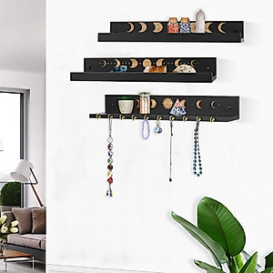Crystal Shelf with Hooks Set of 3, Moon Shelf Display Wall Mount, Wood Floating Shelves for Celestial Decor and Room Decor, Crystal Display Shelf Holder for Stones, Essential Oils (Black)