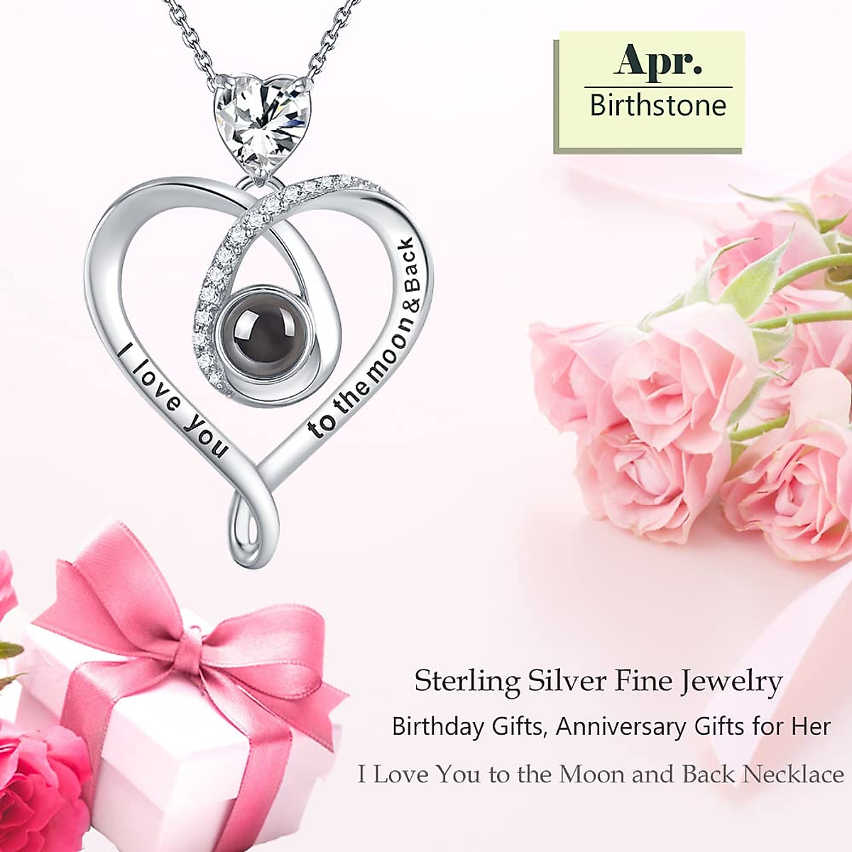 I Love You Necklace 100 Languages to the Moon and Back Jewelry for Wife Mom Birthday Gifts Sterling Silver Simulated Diamond Necklace