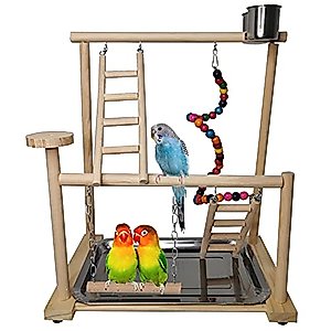 Parrots Playground, Bird Play Gym Wood Perch Stand Colours Revolving Climb Ladders Swing Chewing Toys with Parakeet Feeding Cups Exercise Activity Center for Conure Cockatiel Lovebirds(Include a Tray)