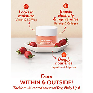SelfBeauty Lip Mask - Rosehip & Collagen, Vegan Lip Balm, Lip Moisturizer, Overnight Hydrating Lip Treatment with Collagen Peptide, Lip Scrub Exfoliator Intensive Lip Repair, 0.51fl.oz