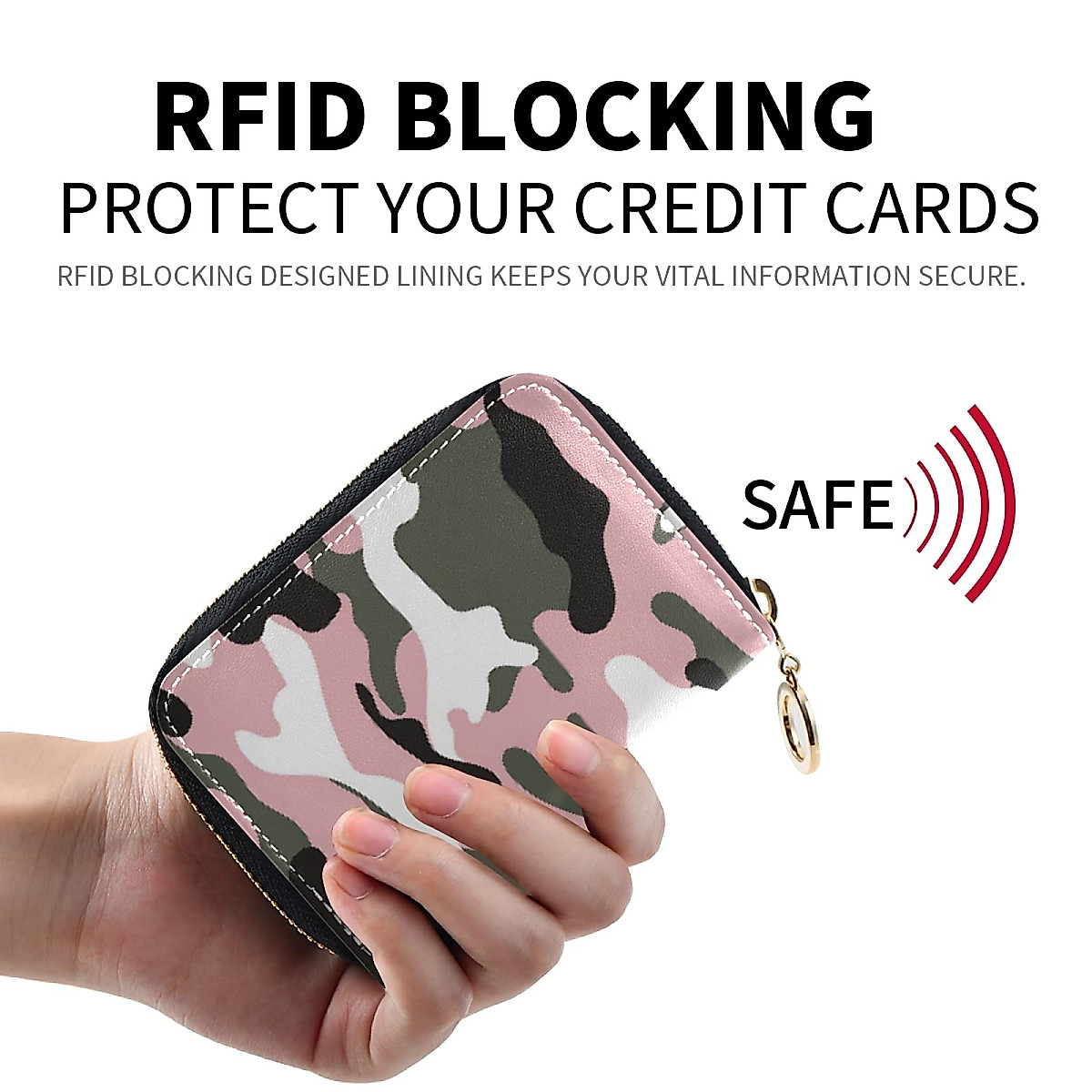 Camo Camouflage Pink Grey White Credit Card Coin wallet, RFID Blocking Compact Women Leather Card Holder, Key Change Organizer, Zipper Purse Clutch Pouch Pocket