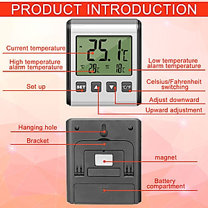 2 Pieces Digital Refrigerator Thermometer Freezer Thermometer Stainless Panel Thermometer High and Low Freezer Temperature Alarm with Sensor Magnet Probe LCD for Fridge Room kitchen