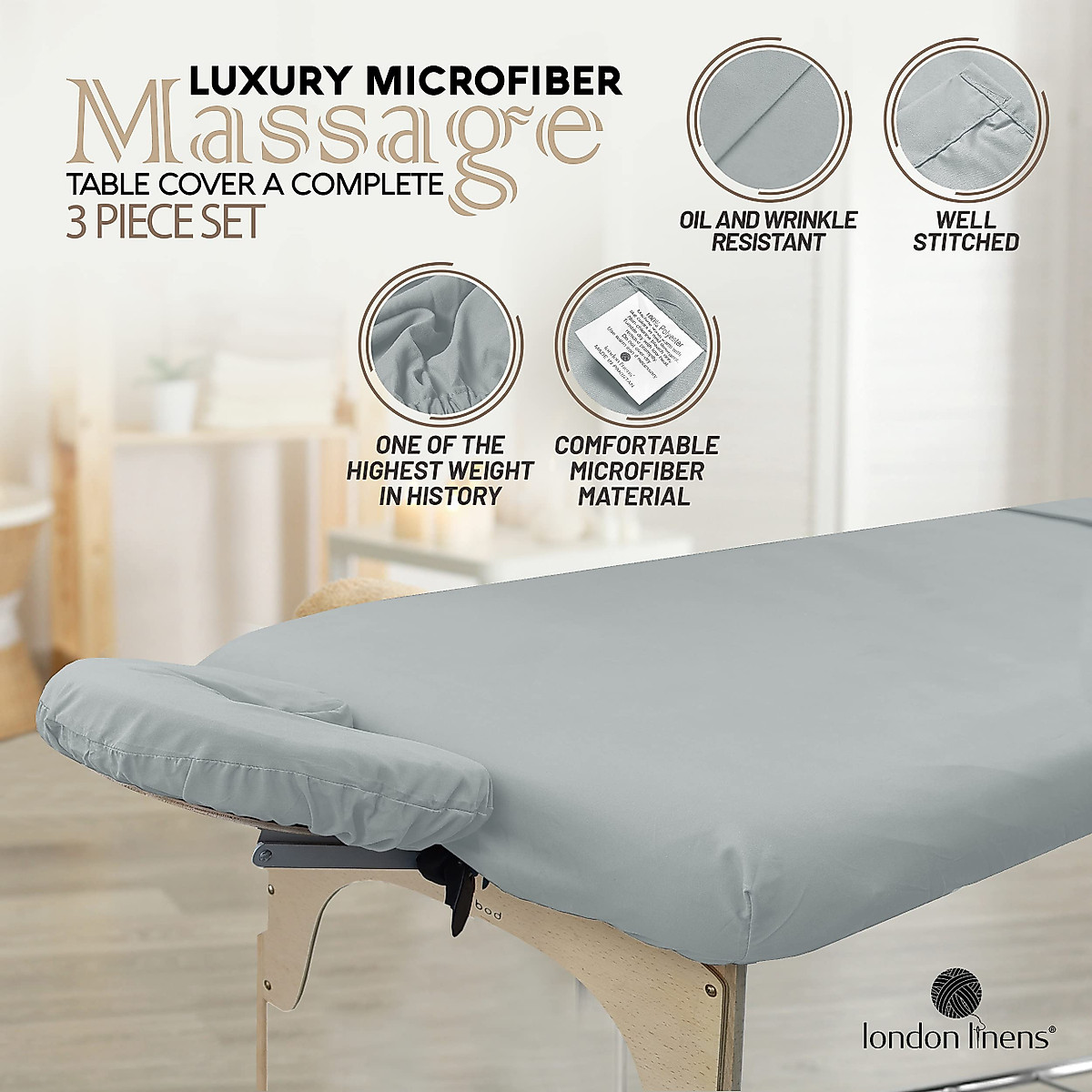LONDON LINENS Soft Microfiber Massage Table Sheets Set 3 Piece Set - Includes Massage Table Cover, Massage Fitted Sheet, and Massage Face Rest Cover (Stone)