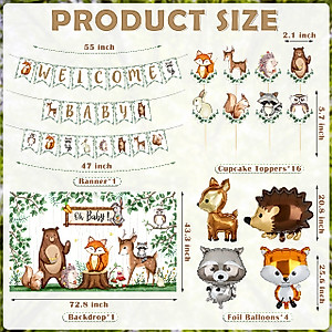 Woodland Animals Baby Shower Decoration Pack Forest Animal Neutral Gender Reveal Party Supplies Woodland Themed Birthday Party Ideas Set 106 Pcs Backdrop, Tablecloth, Cake Toppers, Balloons (Woodland