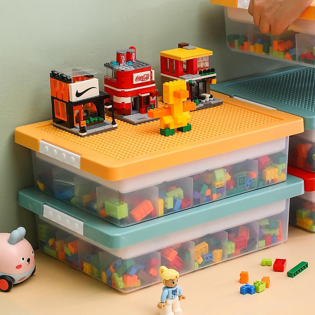 Toys Storage Organizer Box for Lego, Toy Storage Box with Building Plate Lid and Removable Tray, Building Block Storage, Stackable Plastic Organizer Bins(Yellow)