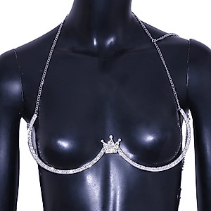 Rhinestone Crown Chest Bracket Body Jewelry Sexy Crystal Chest Bracket Rhinestone Bra Body Chain Bikini Chest Chain Waist Body Chain for Women (Silver)