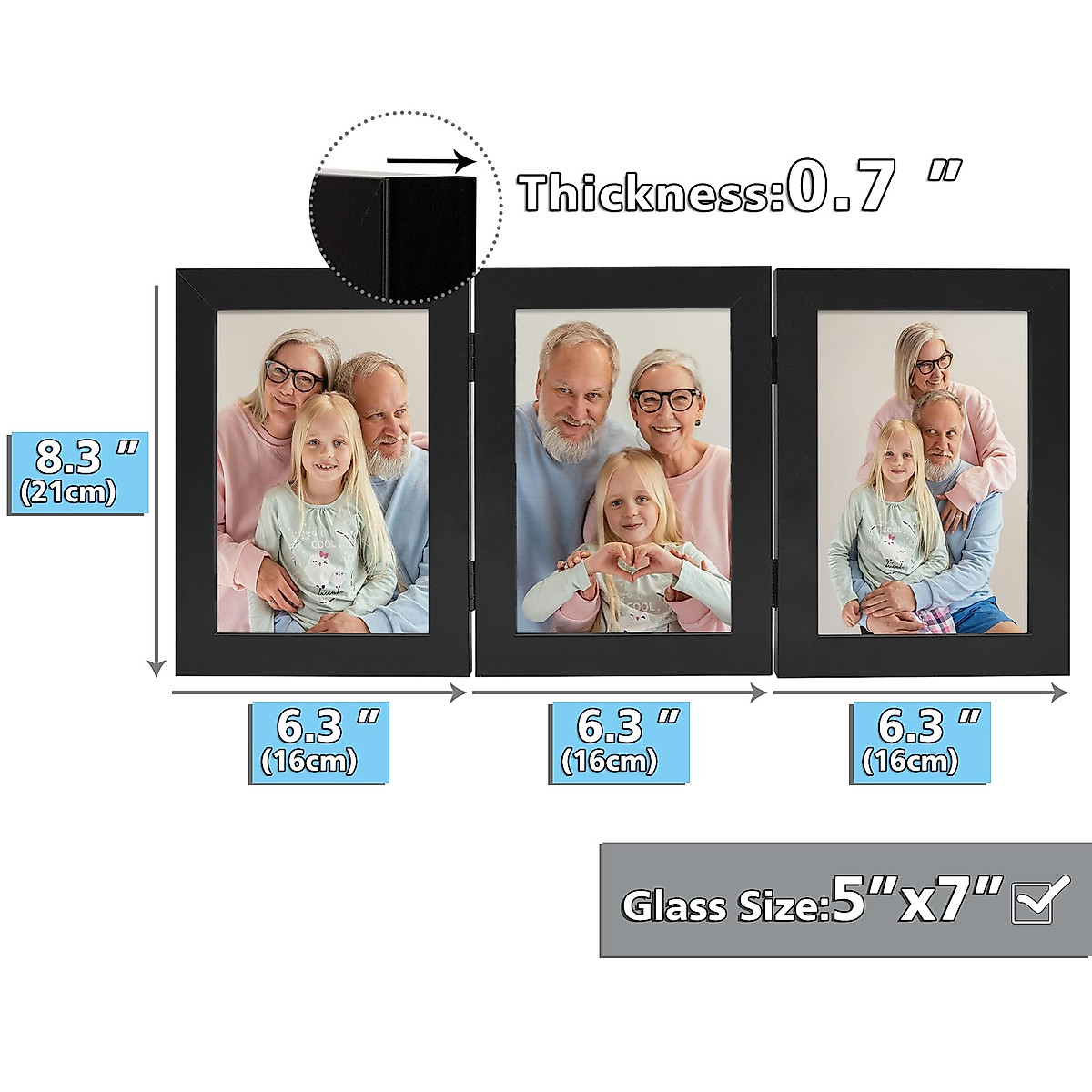 Frametory 5x7 Triple Picture Frames, Trifold Photos Frame Collage, Hinged Picture Frames with Glass Front Tabletop Display (Black, 1 Pack)