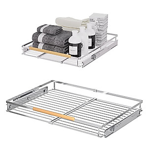 MIYUPTC Expandable Sliding Basket, Pull-Out Cabinet Organizer, Heavy Duty Slide Out Pantry Shelves Sliding Drawer Storage for Kitchen, Under Sink, Wardrobe, 2 Pack Chrome 16.6''-27.8''W x 22''D