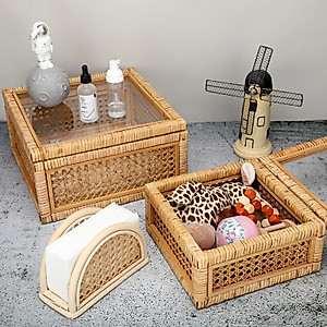 Tatuo Set of 3 Boho Rectangular Rattan Boxes with Glass Lids Woven Basket with Semicircle Napkin Holder Cane and Rattan Display Storage Basket Decorative Boxes for Home Decoration