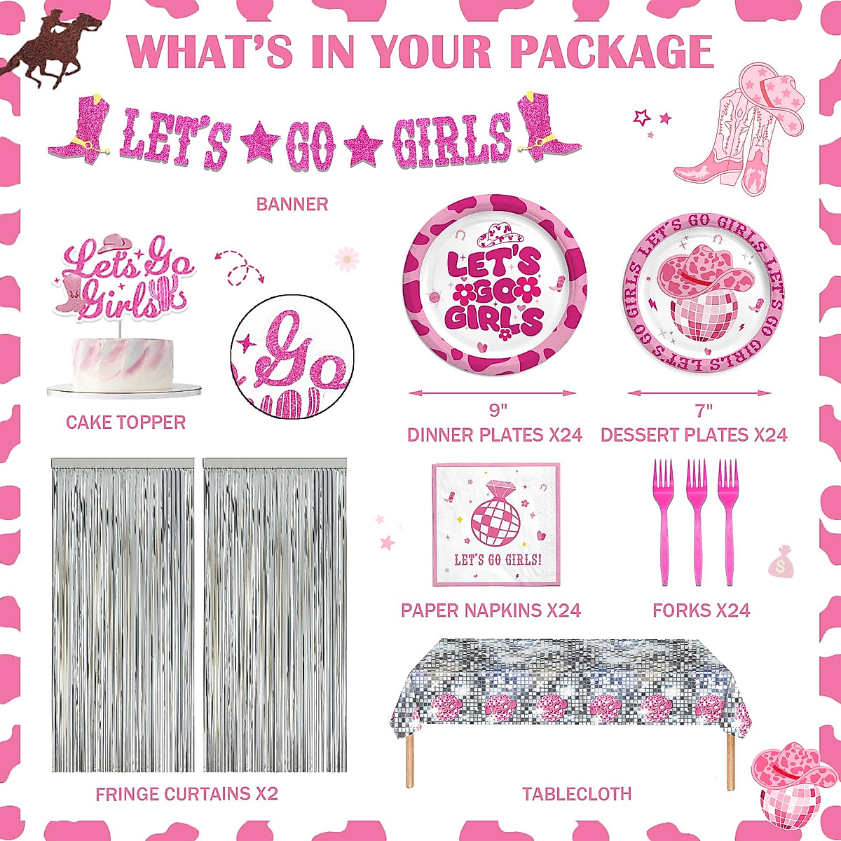 Hombae Cowgirl Bachelorette Party Decorations, Let’s Go Girls Party Supplies, Disco Hot Pink Nashville Cowgirl Bridal Shower, Fringe Curtain Balloon Banner Tablecloth Cake Topper Plates Napkins Forks