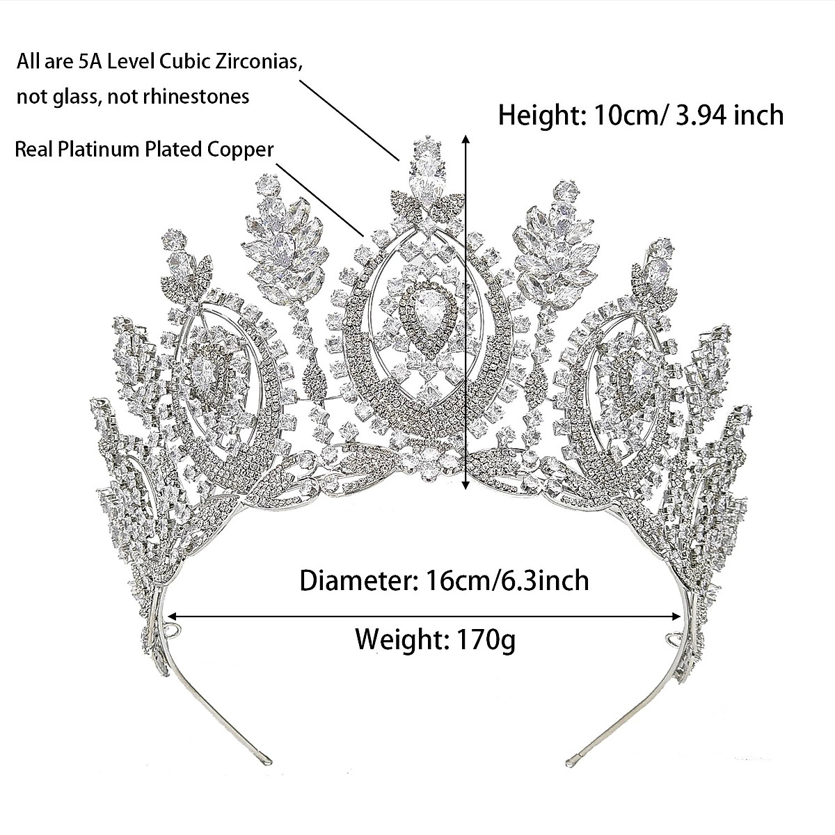 Tall Royal Queen Crown Silver Cubic Zirconia Large Wedding Tiara for Bride Prom Quinceanera Pageant Princess Headpieces Birthday Party CZ Bridal Hair Accessories