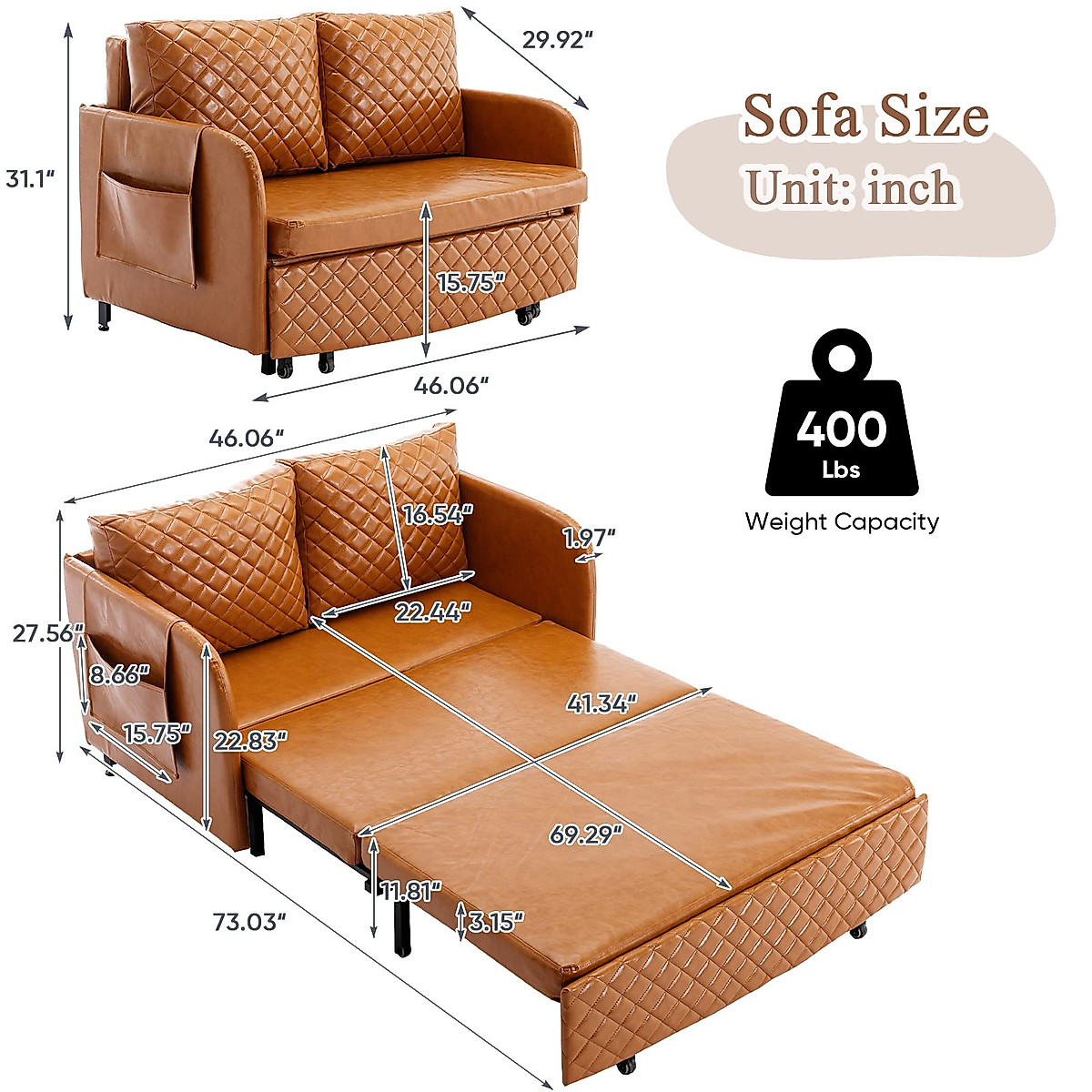 Deolme Convertible Sleeper Sofa Bed, Modern Loveseat Couch with Pull Out Bed, Small Love Seat Futon Sofa Bed with 2 Pillows&Side Pockets&Storage for Living Room,Sofa cama para habitacion (Brown PU)
