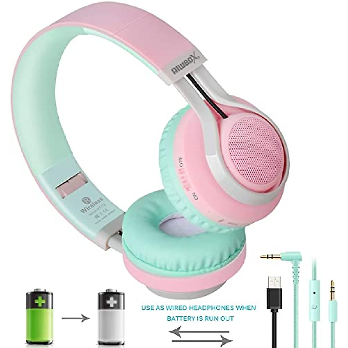 2 Packs Riwbox WT-7S Kids Headphones Wireless, Foldable Stereo Bluetooth Headset with Mic Compatible with PC/Laptop/Tablet/iPad Purple&Pink
