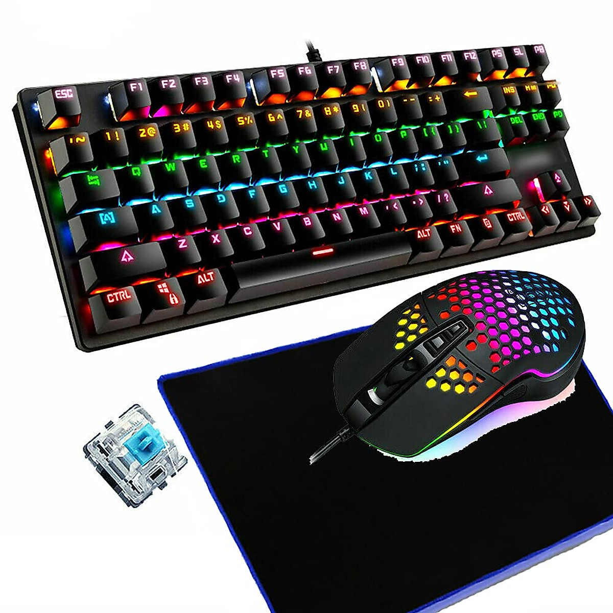 Wired Gaming Keyboard and Sets 87 Keys Rainbow Backlit Mechanical Keyboard ,RGB Backlit 6400 DPI Lightweight Gaming Mouse, Mouse Pad (Black)