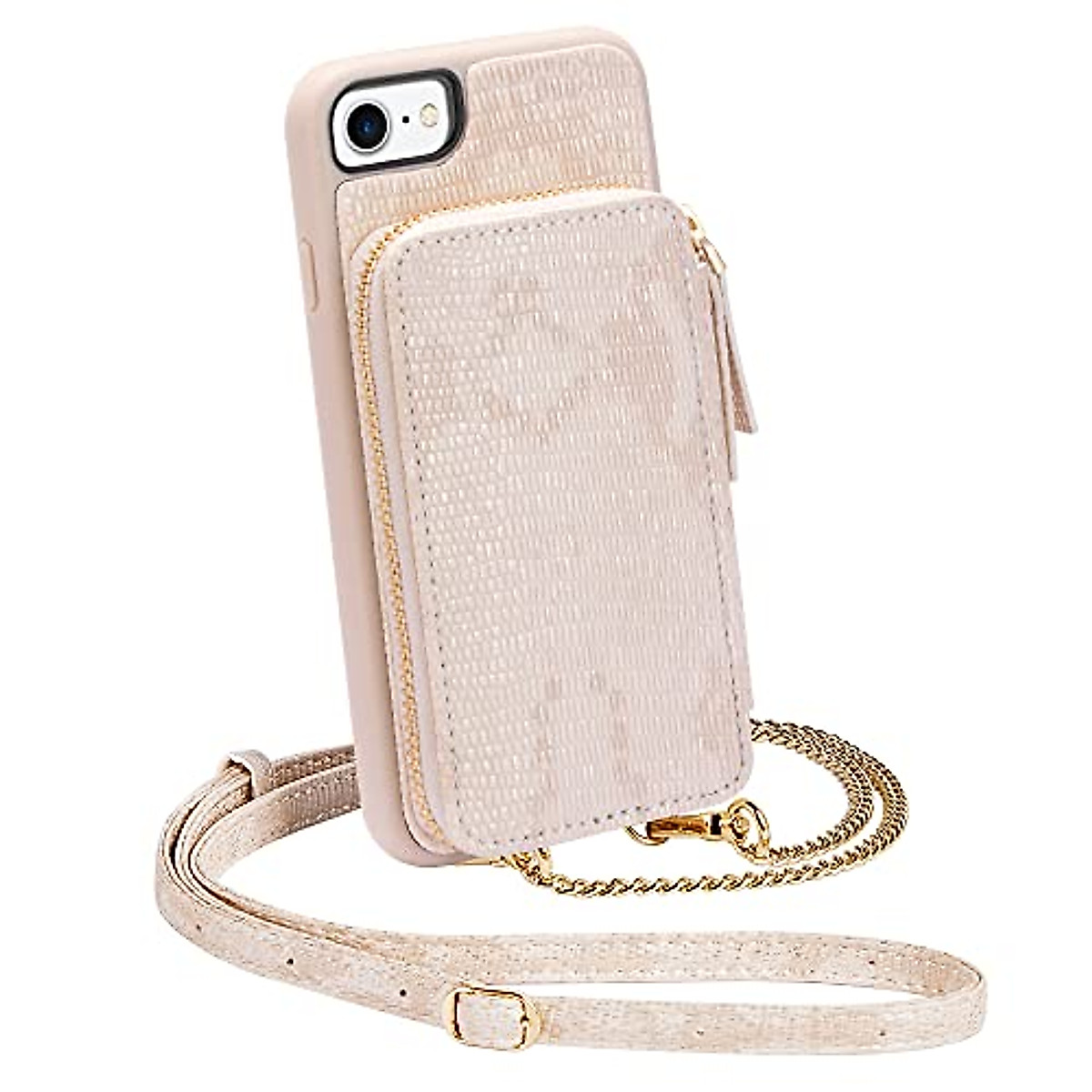 iPhone SE 2022 Wallet Case, iPhone 8 Crossbody Case, ZVEdeng Zipper Wallet Card Holder Crossbody Strap Case Shockproof Leather Purse Case for iPhone SE 3rd Gen (2022) 2020/8/7 4.7'' Lizard Skin Beige