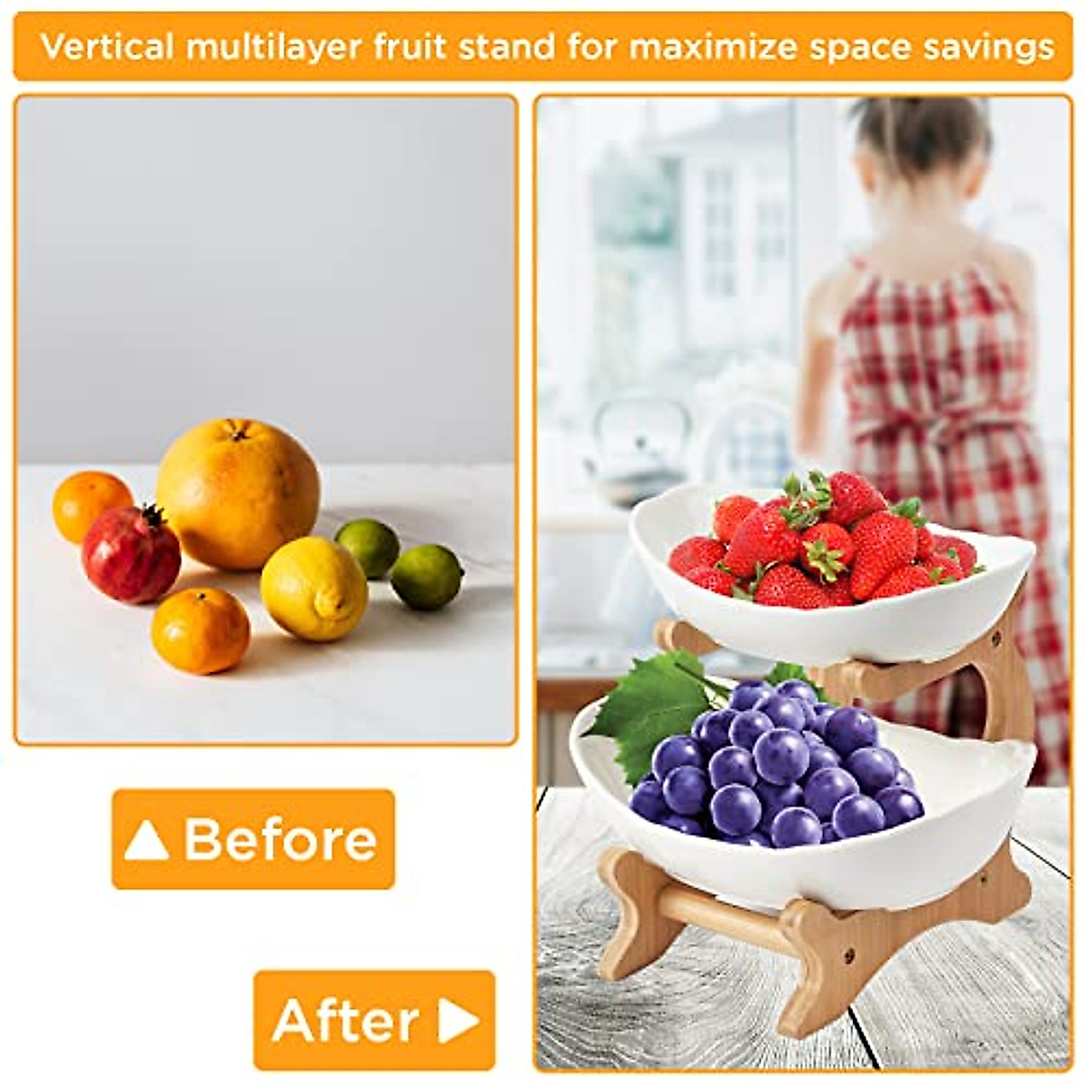 ERFEI Fruit Bowl Oval Ceramic Bowls with Wood Rack Tied Serving Tray Food Display Stand Bowl for Kitchen Counter, Home, Parties (2 tier)